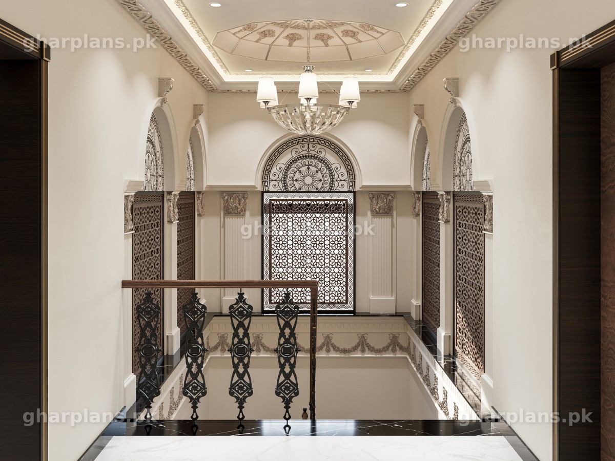 Grand Stair Lobby Interior Design with Wooden Railing | GHR Plans