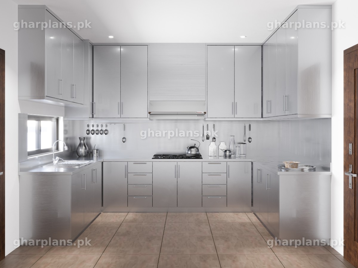 Pakistani Kitchen Design with Stainless Steel Cabinets | GHR Plans