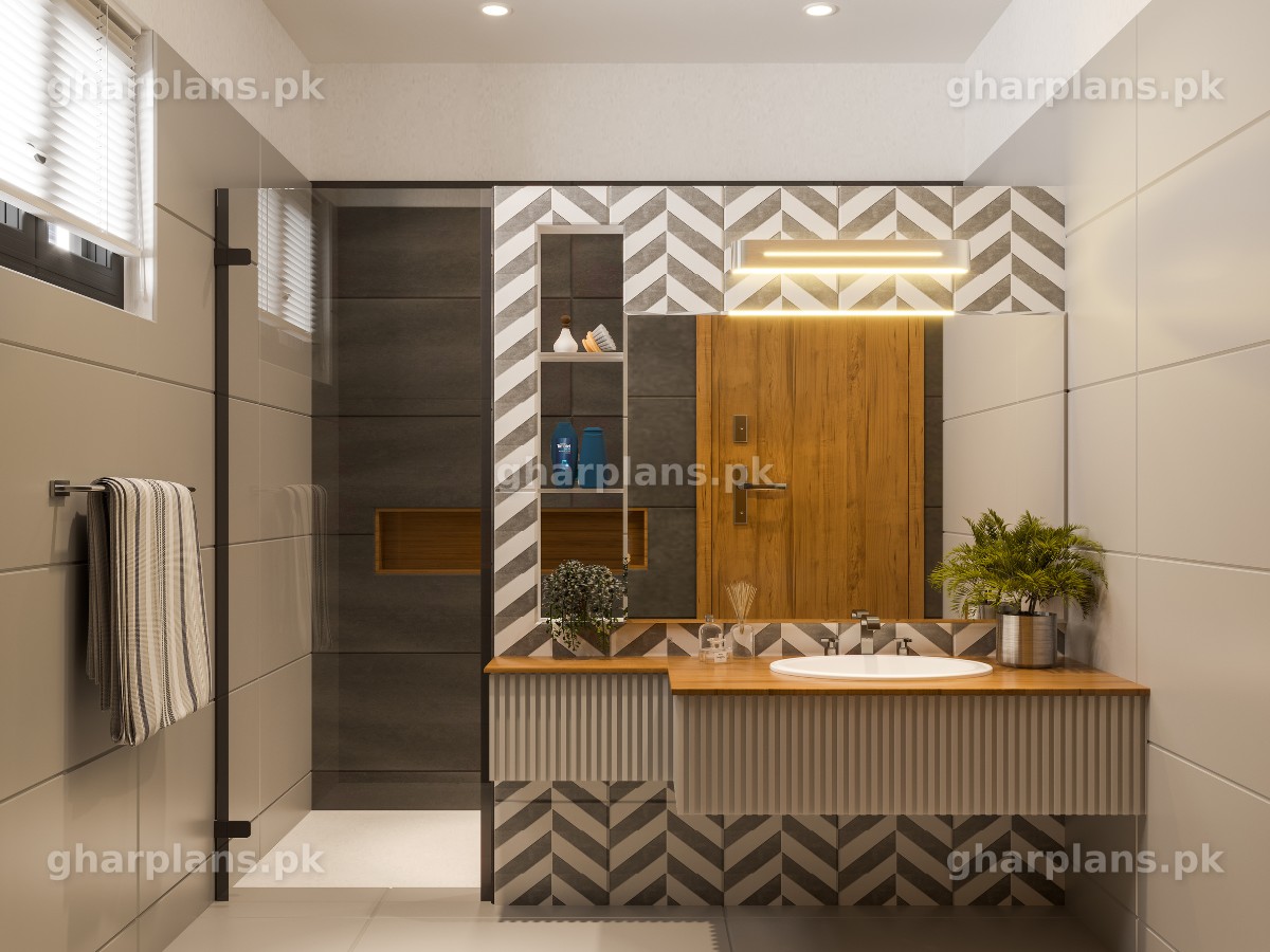 Pakistani Bathroom Design with Wooden Vanity and Grey Wall Tiles | GHR ...